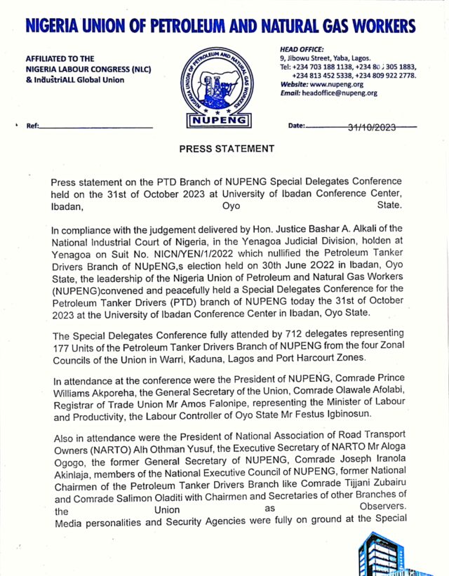 PRESS STATEMENT – Nigeria Union Of Petroleum And Natural Gas Workers
