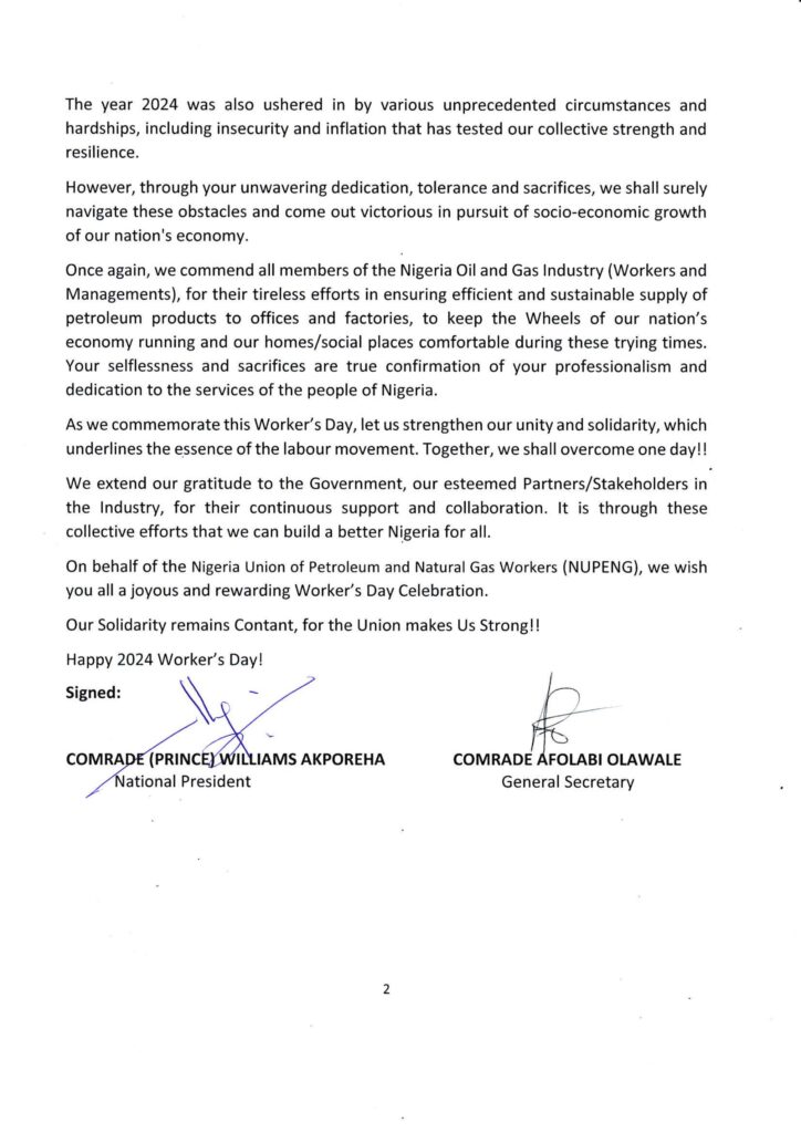GOODWILL MESSAGE FROM NUPENG TO GREAT NIGERIAN WORKERS ON THE OCCASION ...