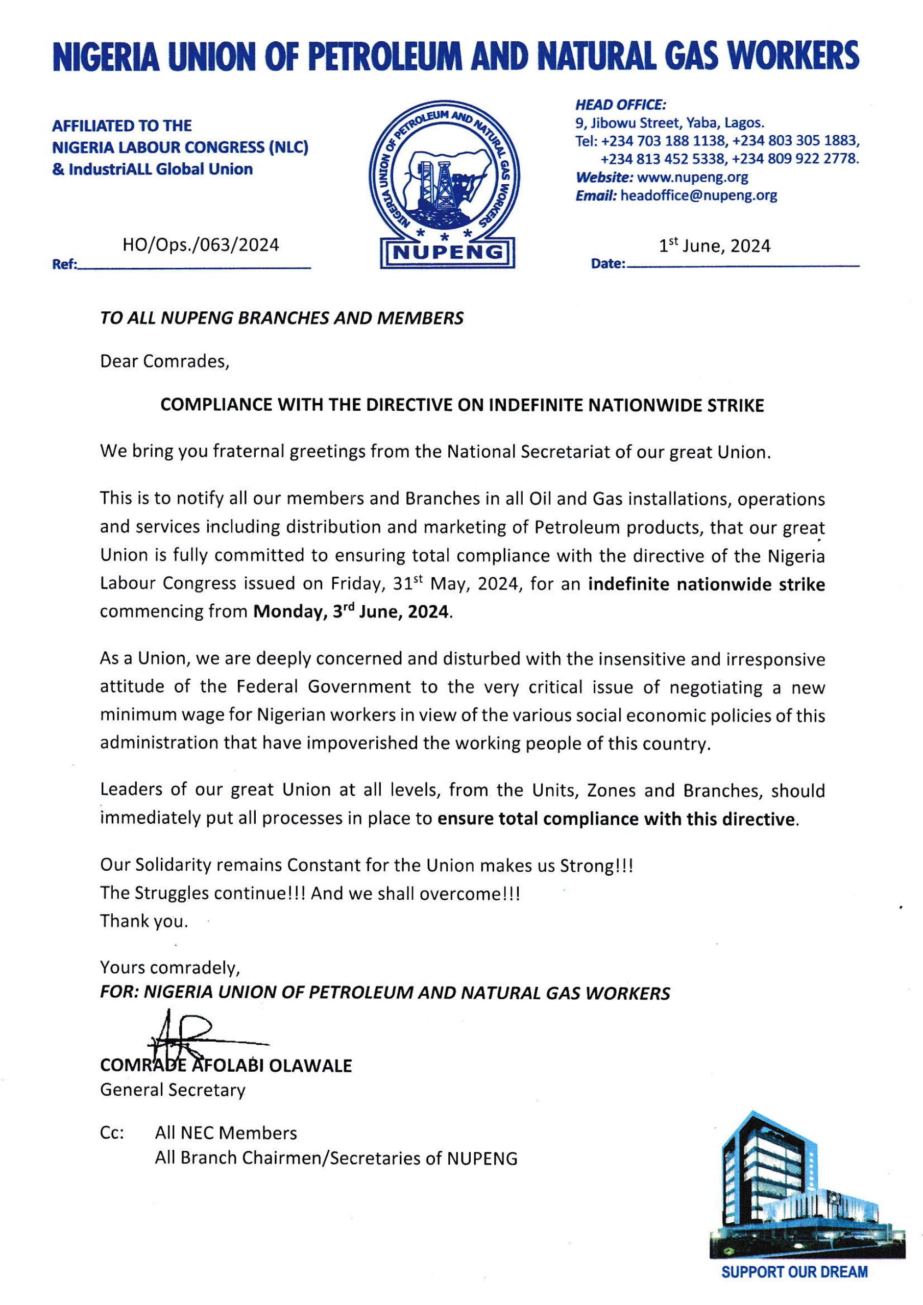 COMPLIANCE WITH THE DIRECTIVE ON INDEFINITE NATIONWIDE STRIKE – Nigeria ...